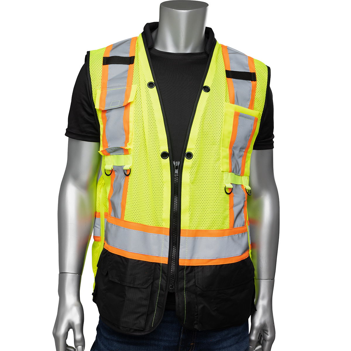 Levitt-Safety | PIP® Two-Tone Tethering Vest with Ripstop Black Bottom Front and "D" Ring Access ...